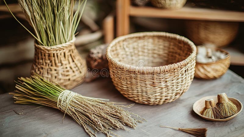 A Basket Weaving Setup with Natural Reeds and a Half-finished Basket ...