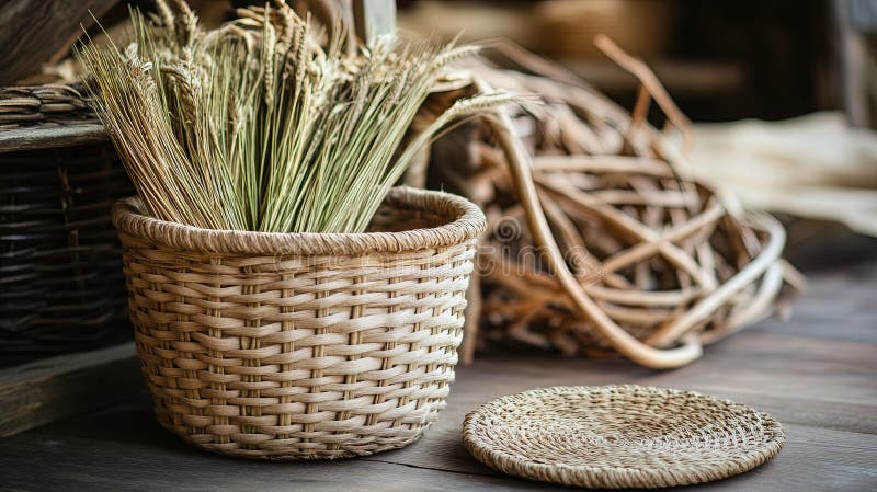 A Basket Weaving Setup with Natural Reeds and a Half-finished Basket ...