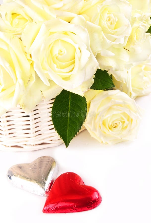 Basket of White Roses with Two Hearts Stock Image - Image of wedding ...