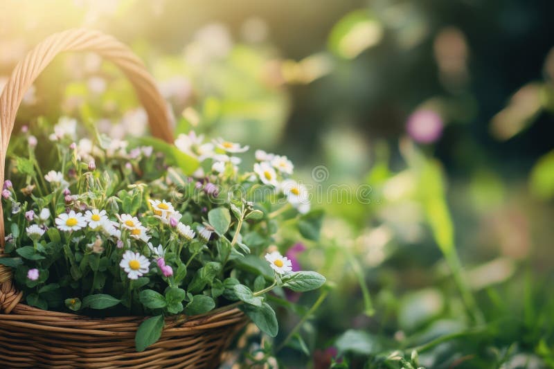 Basket of Wildflowers in Sunny Garden: Bright Natural Spring. Stock ...