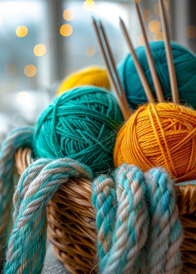 A Basket of Yarn with a Blue, Green, and Yellow Ball of Yarn Stock ...