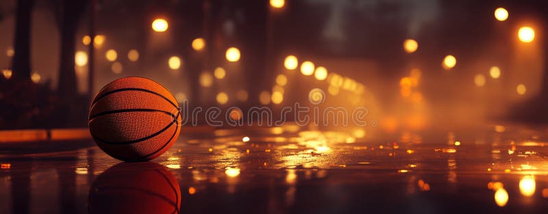 A Basketball, Alone on a Polished Court, is Illuminated by Theatrical ...