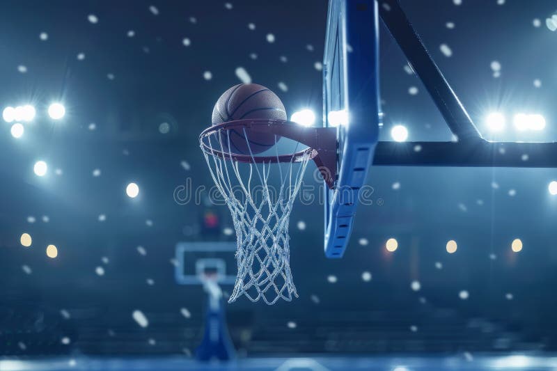 Basketball Ball Falling through the Hoop in a Lit Gym Stock Image ...