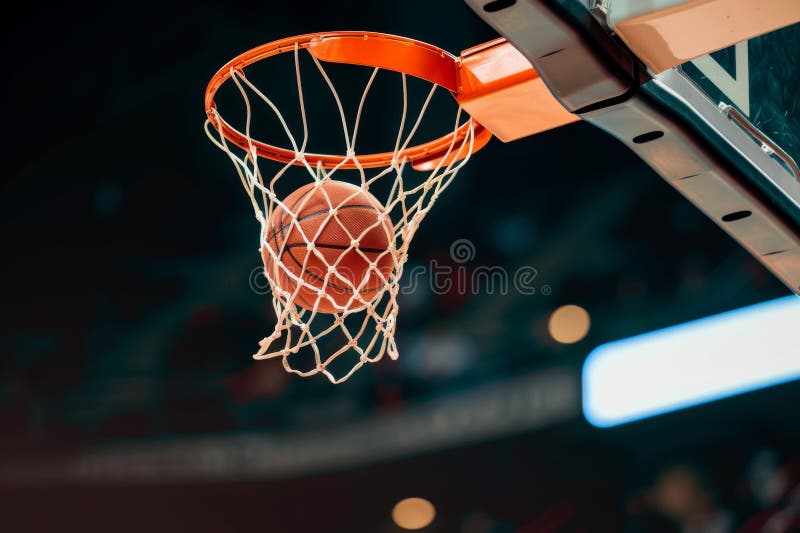 Basketball Ball Falling through the Hoop in a Lit Gym Stock Photo ...