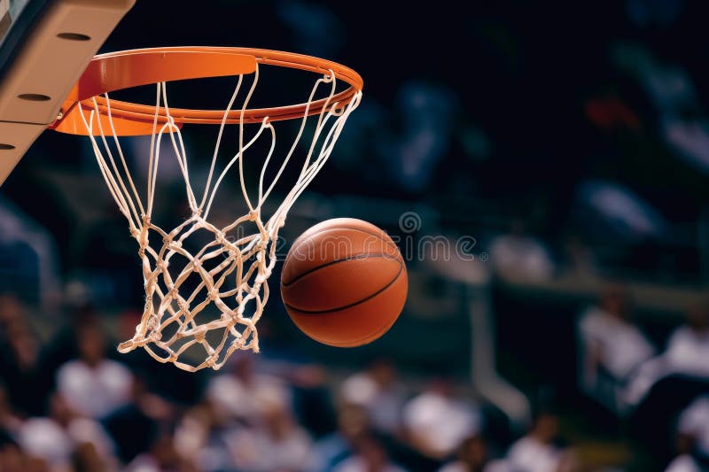 Basketball Ball Falling through the Hoop in a Lit Gym Stock Image ...