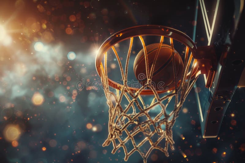 Basketball Ball Falling through the Hoop in a Lit Gym Stock Photo ...