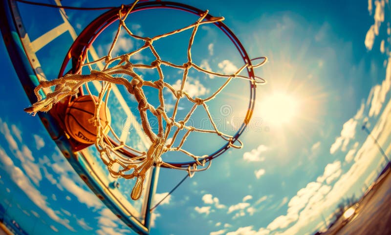 Basketball Ball Falling into the Hoop at Sunset Stock Photo - Image of ...