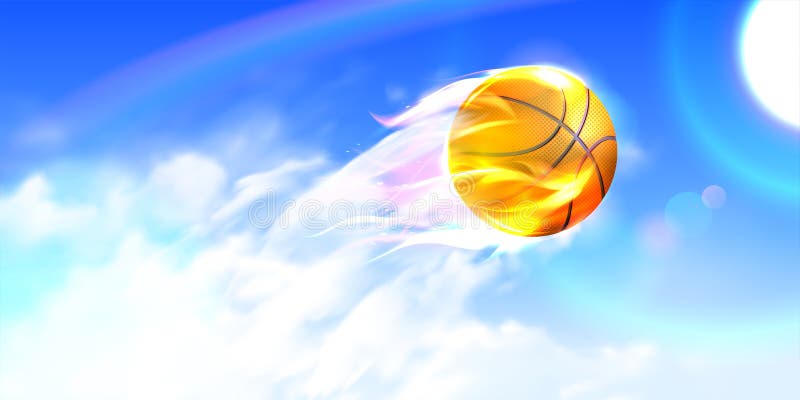 Basketball Ball Fast Fly in a Sky with Fiery Flames Stock Illustration ...