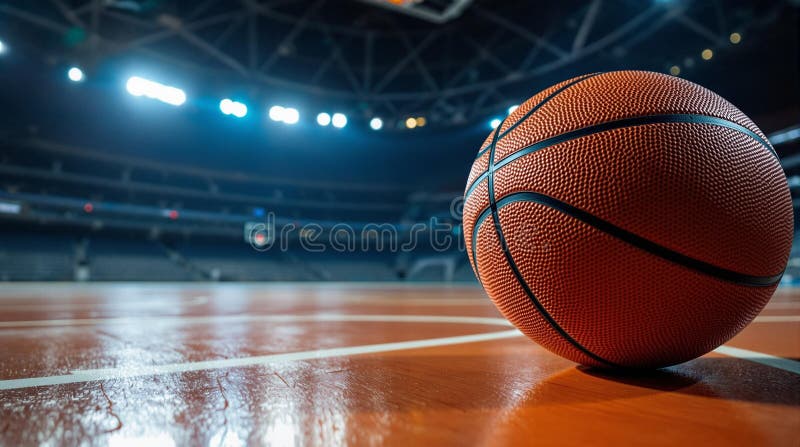 Basketball Ball in Front of Big Modern Basketball Arena Stock ...