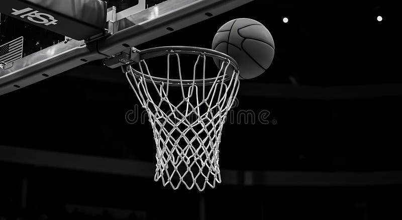 Basketball Ball Going through the Net in a Black and White Image Stock ...
