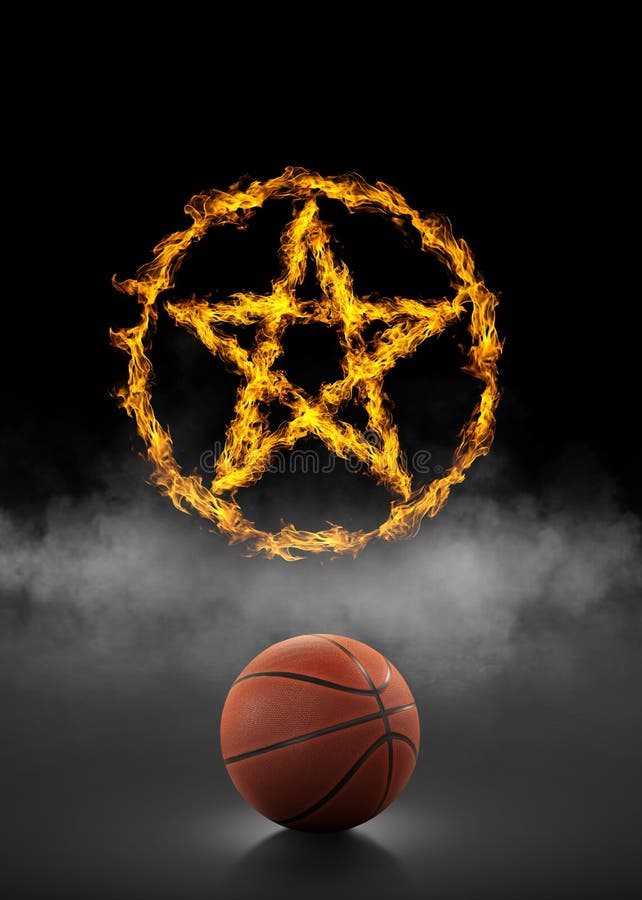 Basketball Ball and Ring Star, of Fire in Black Smoke Background Stock ...