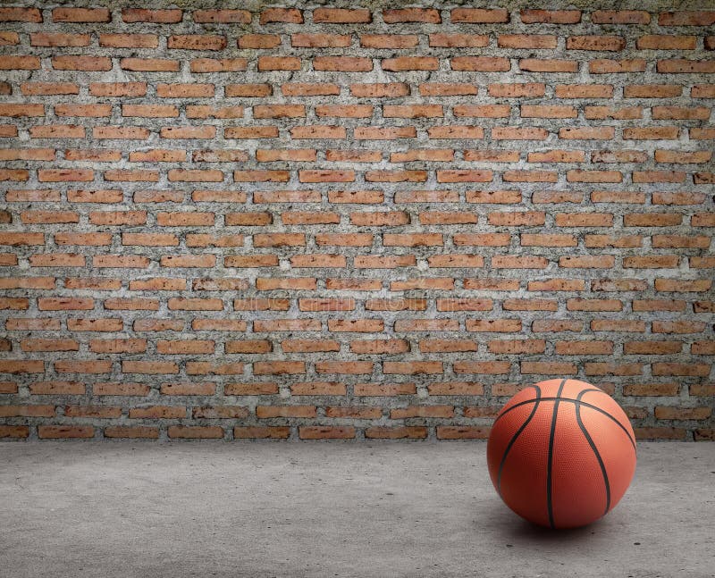Basketball Ball in Room with Brick Wall and Cement Floor Stock ...