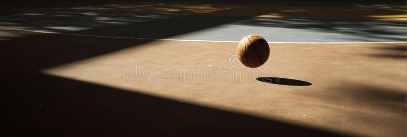 Basketball Bouncing Mid-Court with Dramatic Shadows on a Clean Court ...