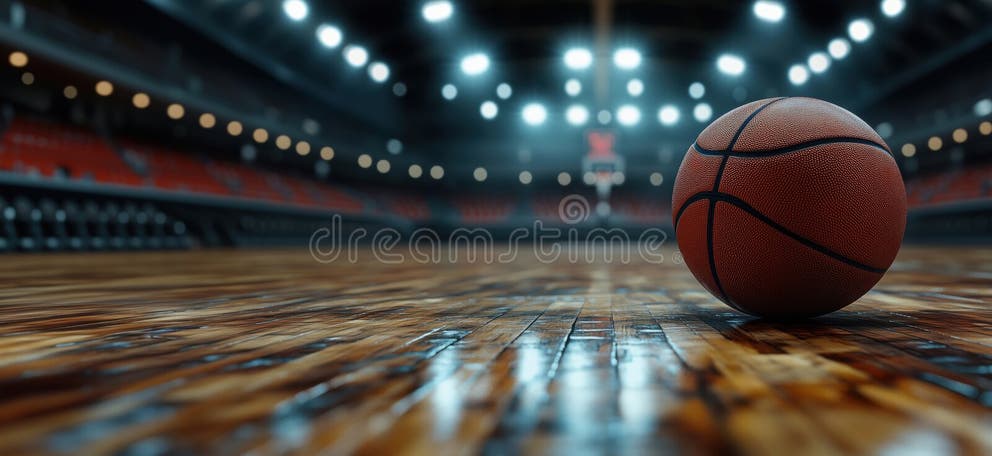 Basketball on Court with Dramatic Lighting in Empty Arena Stock Photo ...