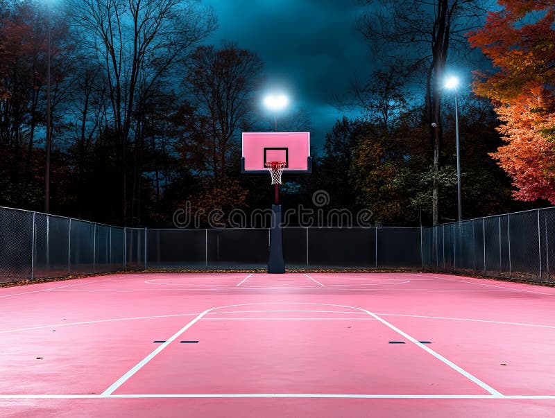 A Basketball Court at Night with a Basketball Hoop in the Middle of it ...