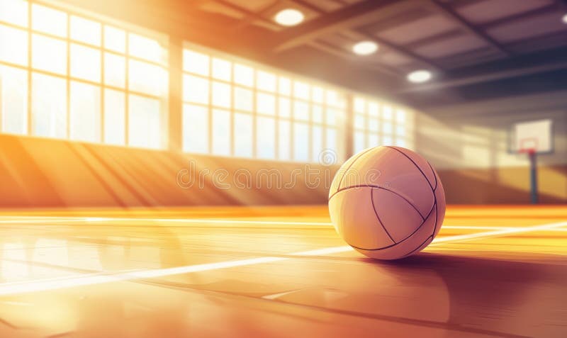 Basketball on Court with Sunlight Streaming through Windows in ...