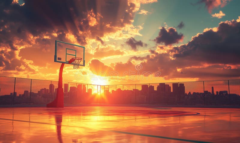 Basketball Court at Sunset with City Skyline in Background and Dramatic ...