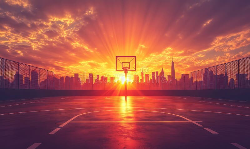 Basketball Court at Sunset with City Skyline and Dramatic Clouds Stock ...