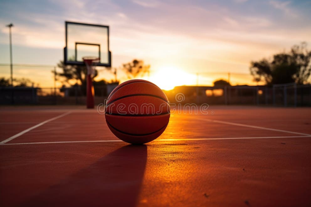 Basketball on an Empty Court Just As the Sun is Setting Stock Photo ...