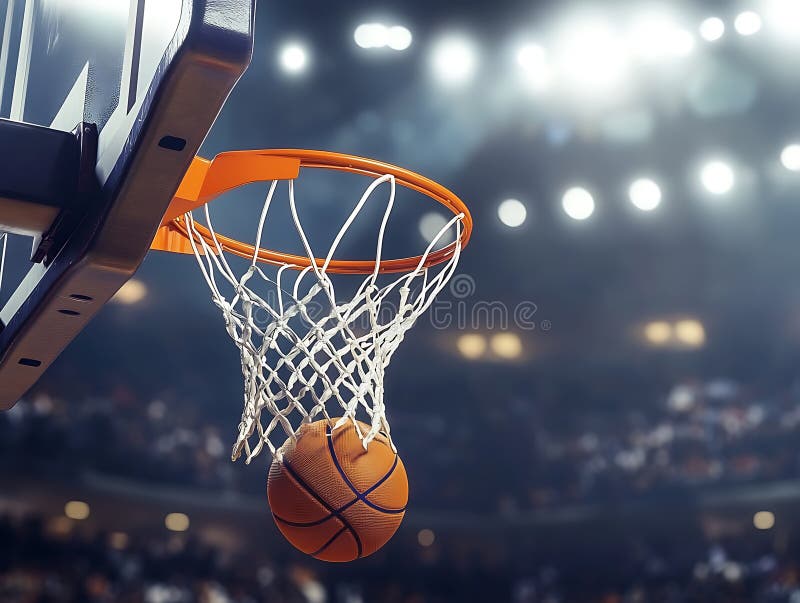 Basketball Entering Hoop in Packed Stadium with Bright Overhead ...