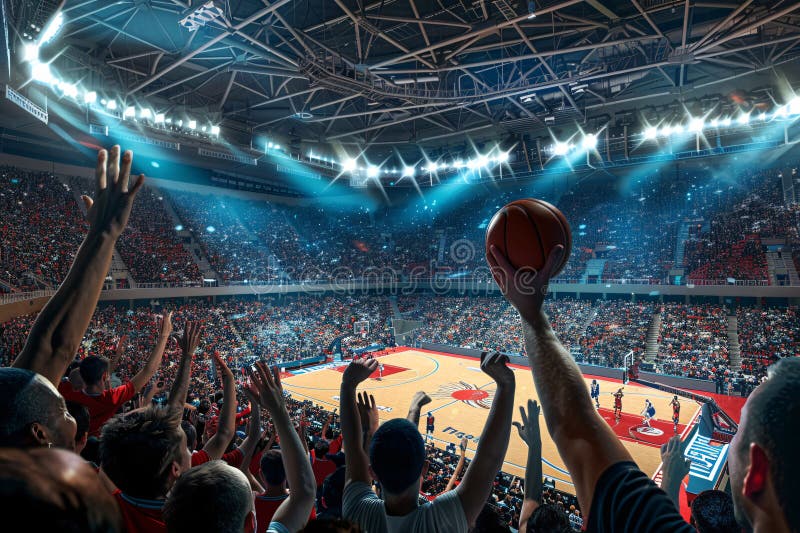 Basketball Fans Watching Basketball Game at the Large Stadium Stock ...