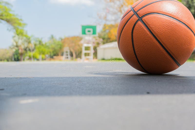 Basketball on Basketball Field on Front View with Copy Space Stock ...