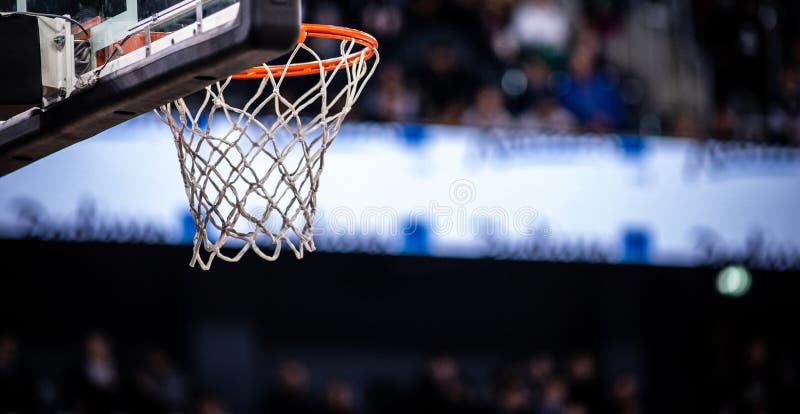 Basketball Game Ball in Hoop Stock Image - Image of light, stadium ...