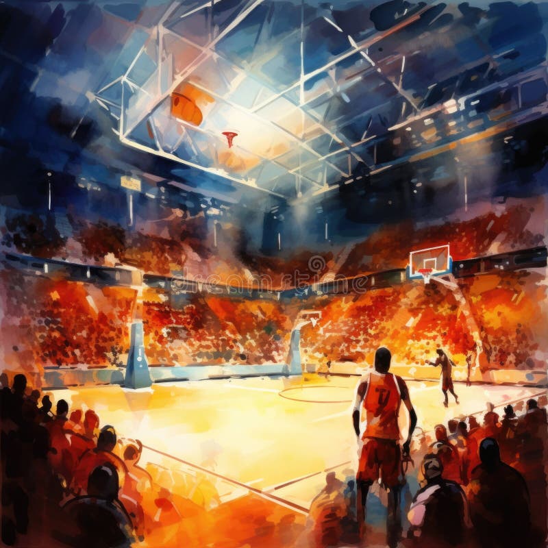 A Basketball Game in Watercolor Stock Illustration - Illustration of ...