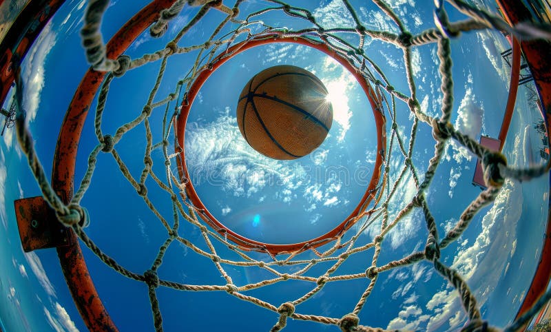 Basketball Going through the Net with Blue Sky and Clouds in Background ...