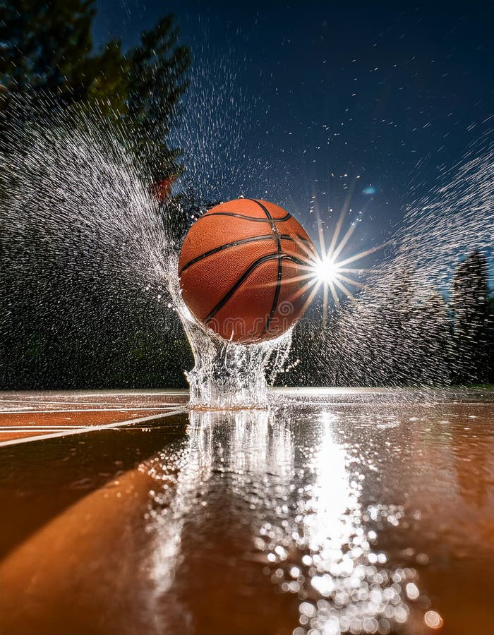A Basketball Hitting a Wet Court, Creating a Splash Pattern Stock ...