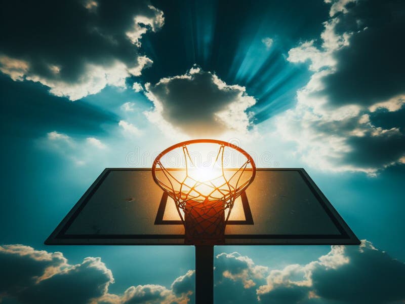 A Basketball Hoop Backlit by the Sun with a Summer Blue Sky Stock ...