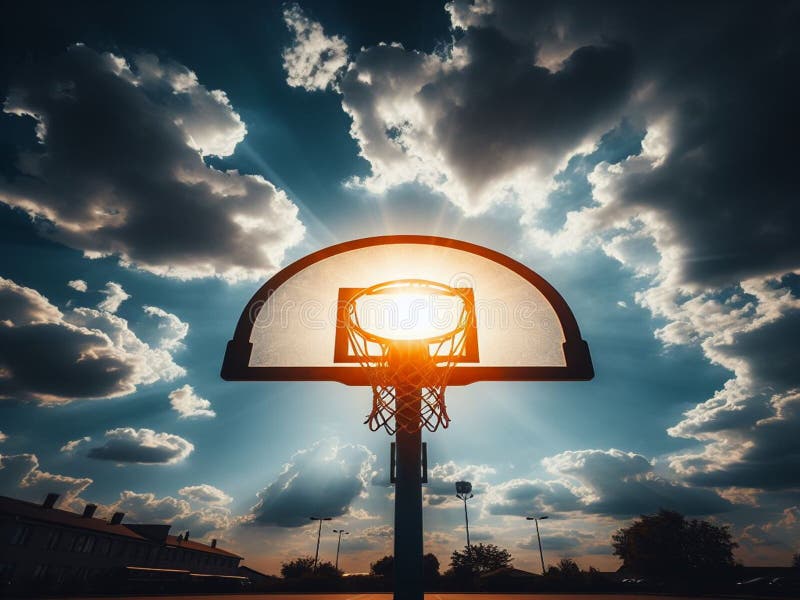 A Basketball Hoop Backlit by the Sun with a Summer Blue Sky Stock ...