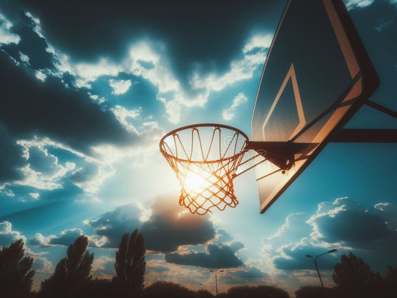 A Basketball Hoop Backlit by the Sun with a Summer Blue Sky Stock ...