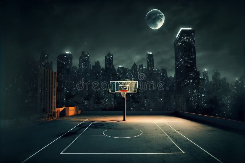 Basketball Hoop and City at Night, 3d Render Illustration. Stock ...