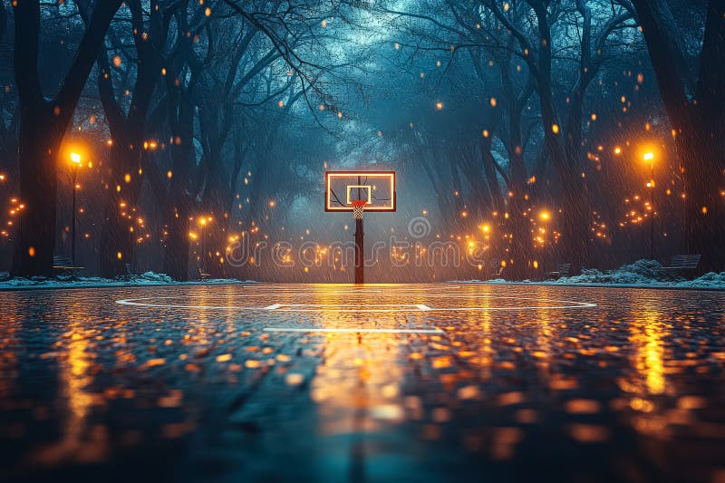 Basketball Hoop is Lit Up in the Rain Stock Image - Image of fall ...