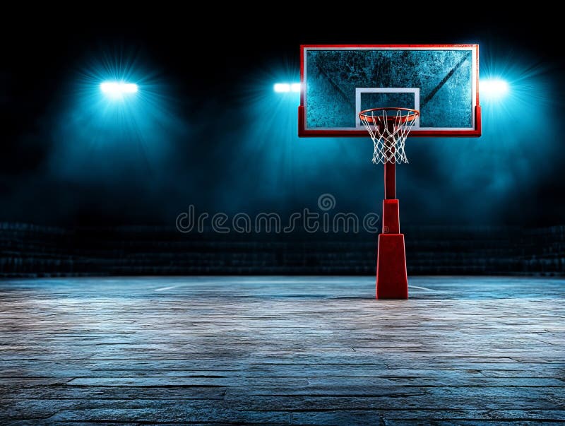 A Basketball Hoop in the Middle of an Empty Basketball Court at Night ...