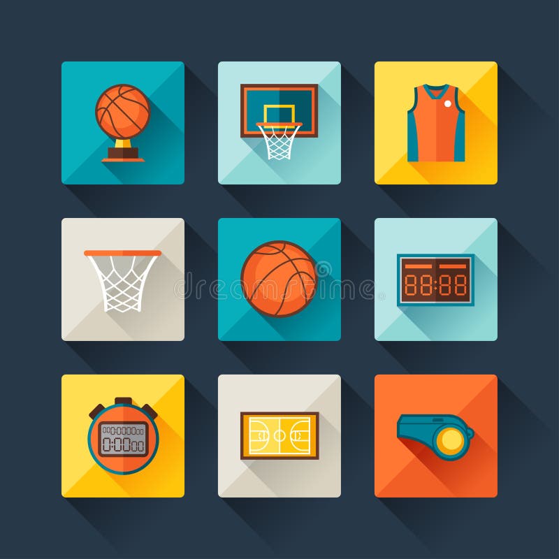 Basketball Icon Set in Flat Design Style Stock Vector - Illustration of ...