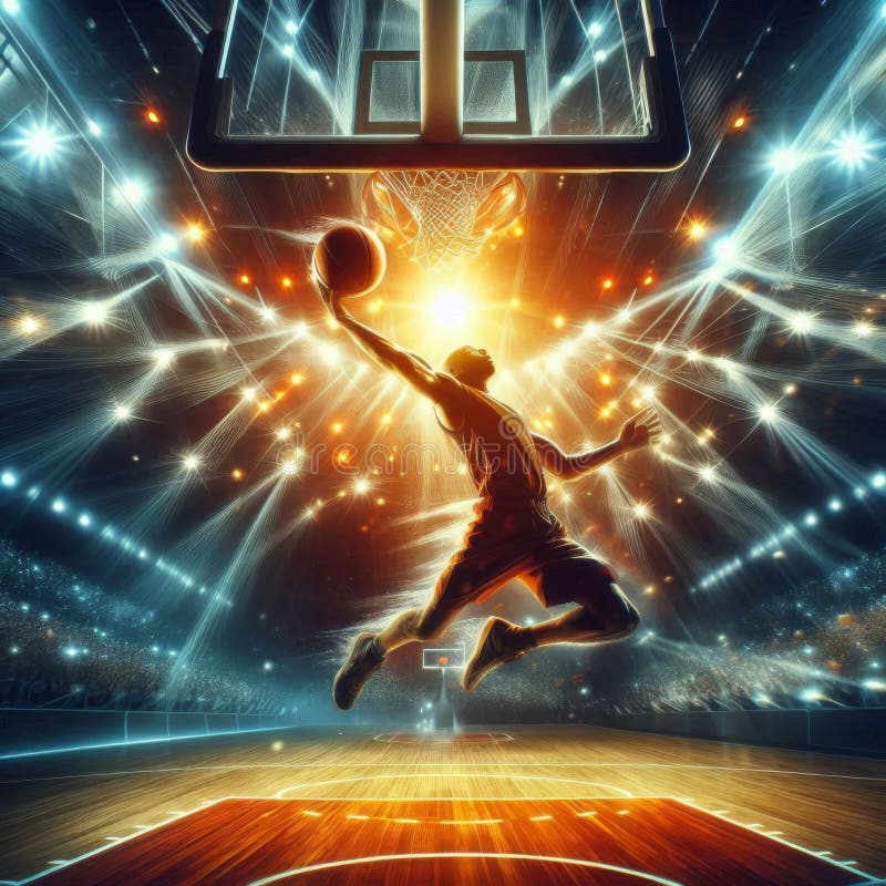 Basketball in Motion, Scoring through the Hoop with Bright Lights in ...