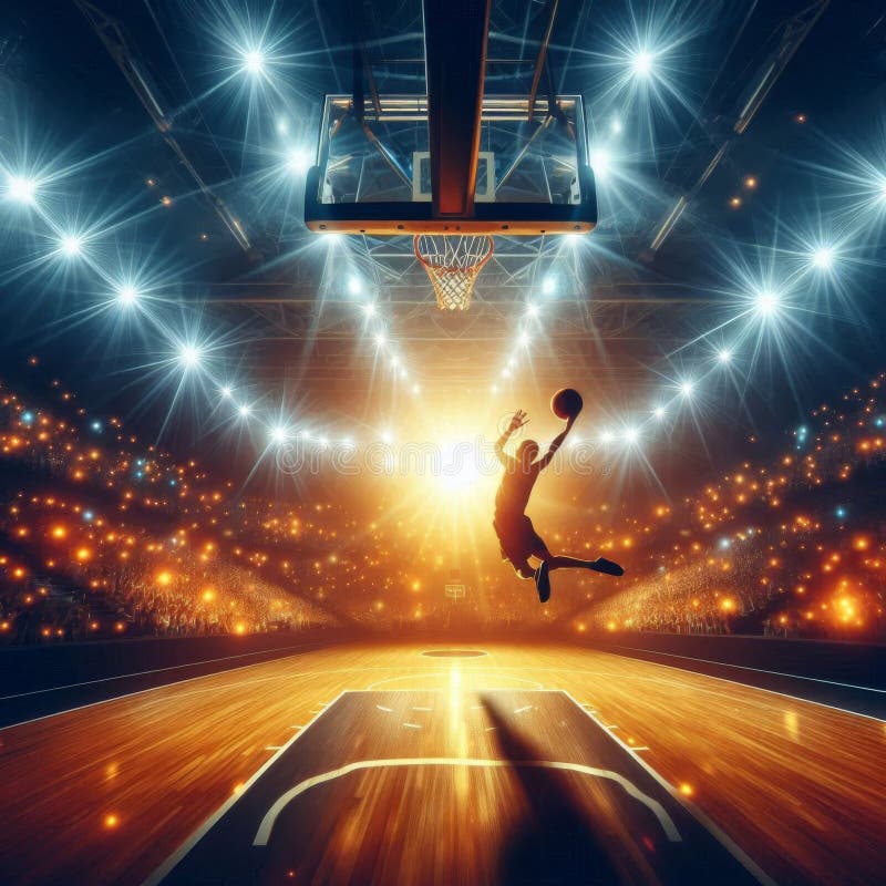 Basketball in Motion, Scoring through the Hoop with Bright Lights in ...