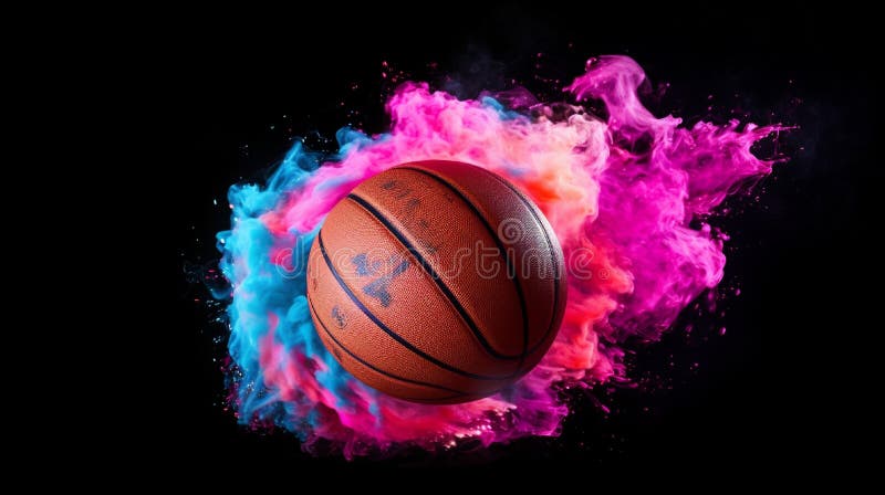 Basketball with Neon-colored Powder Explosion Isolated on a Black ...