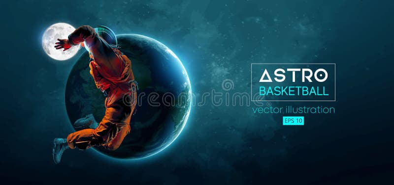 Basketball Player Astronaut in Space Action and Earth, Moon Planets on ...
