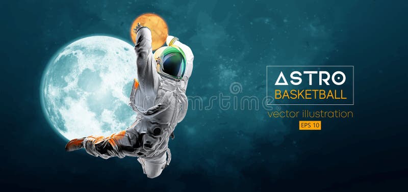 Basketball Player Astronaut in Space Action and Moon, Mars Planets on ...