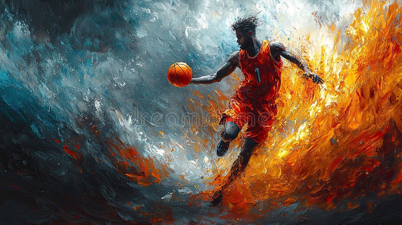 Basketball Player Charging through a Fiery Storm. Stock Illustration ...