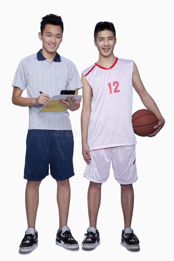Basketball Player and Coach Smiling, Studio Shot Stock Image - Image of ...