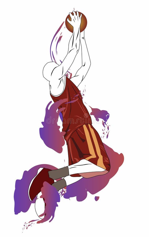 Basketball Player Doing a Slam Dunk with Colored Splashes Stock Vector ...