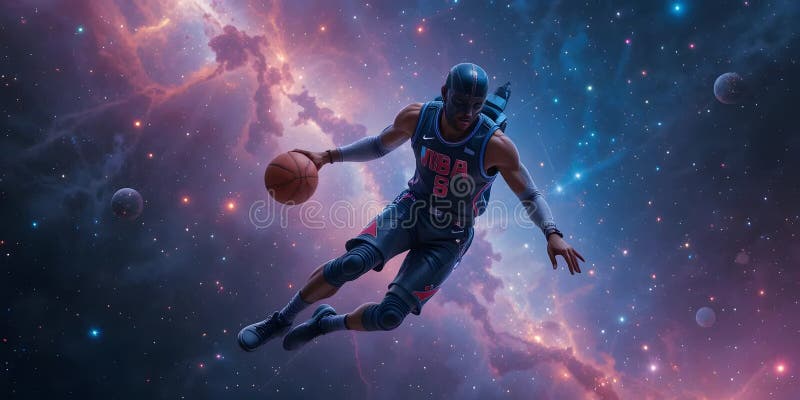 Basketball Player Floating in Space with Cosmic Background and Jetpack ...