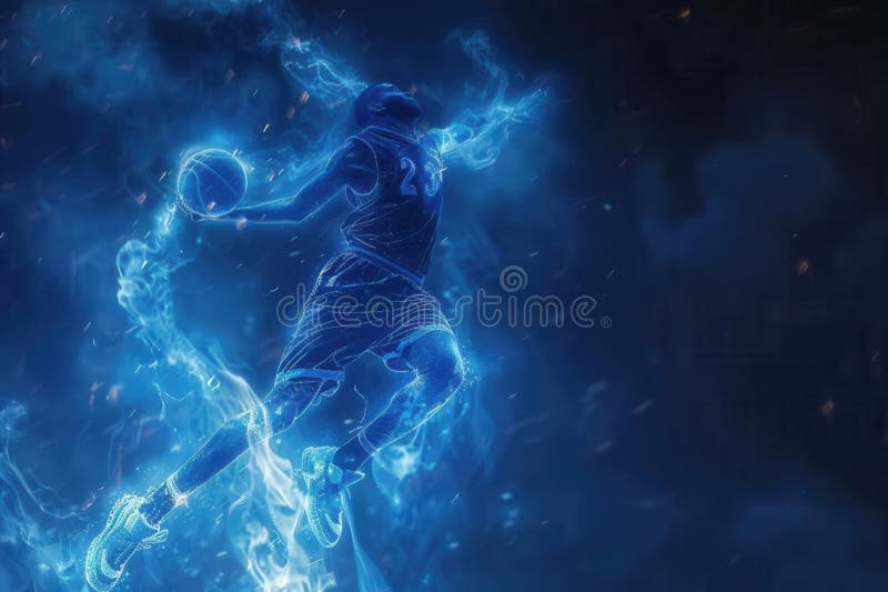 Basketball Player Jumping with Blue Fire Stock Illustration ...