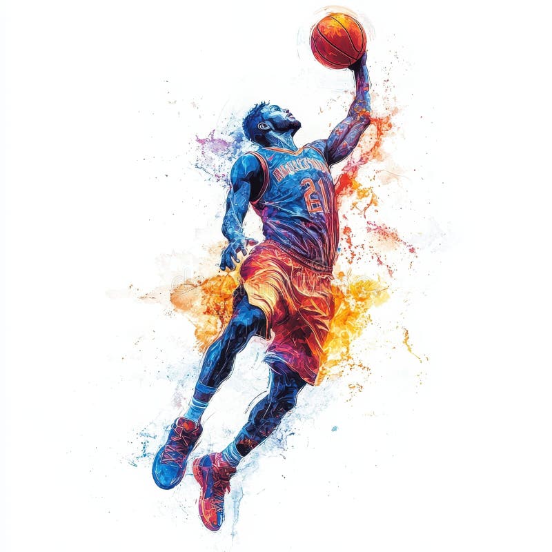 Basketball Player Making a Dynamic Dunk Colorful Artwork, Isolated on ...