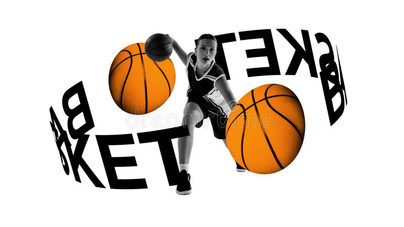 Basketball Player in Mid-dribble Surrounded by Floating Typography and ...