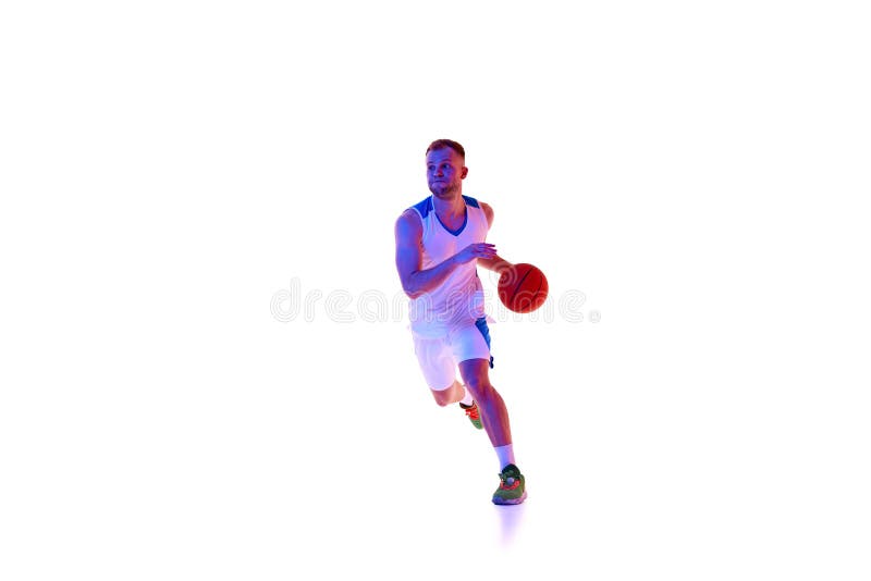 Basketball Player in Motion, Running Forward and Training Dribbling ...
